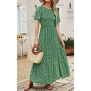 PRETTYGARDEN Womens Casual Floral Crew Neck Flutter Short Sleeve Long Summer Holiday Dress Party Maxi Wedding Guest Dresses (Green,Large)