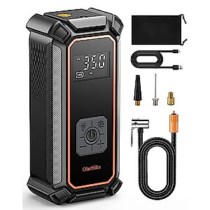 OlarHike Portable Tire Inflator - Air Compressor for Car Tires with Automatic Shutoff - 120 psi Digital Pressure Gauge and Emergency LED Light - Cordless and Compact Automotive Pump - Black and Orange