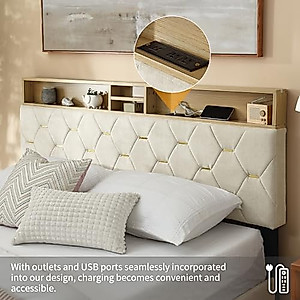 Haplized Queen Size Bed Frame with Storage, Shelf Upholstered Headboard, Platform Bed with Outlet & USB Ports, Wood Legs, No Box Spring Needed, Easy Assembly, Beige