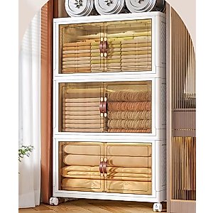 MRPAPA 3 Pack Stackable Storage Bins with Lids and Doors，63Gallon Stackable Closet Organizers Box, 26” 84Qt Collapsible Storage Bins Trunk organizer with Wheels