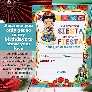 Amanda Creation Frida Fiesta Themed Birthday Party Invitations, 20 5x7 Fill In Cards with Twenty White Envelopes