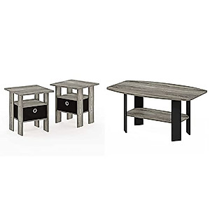 Furinno Andrey Set of 2 End Table/Side Table/Night Stand/Bedside Table with Bin Drawer, French Oak Grey & Simple Design Coffee Table, French Oak Grey/Black