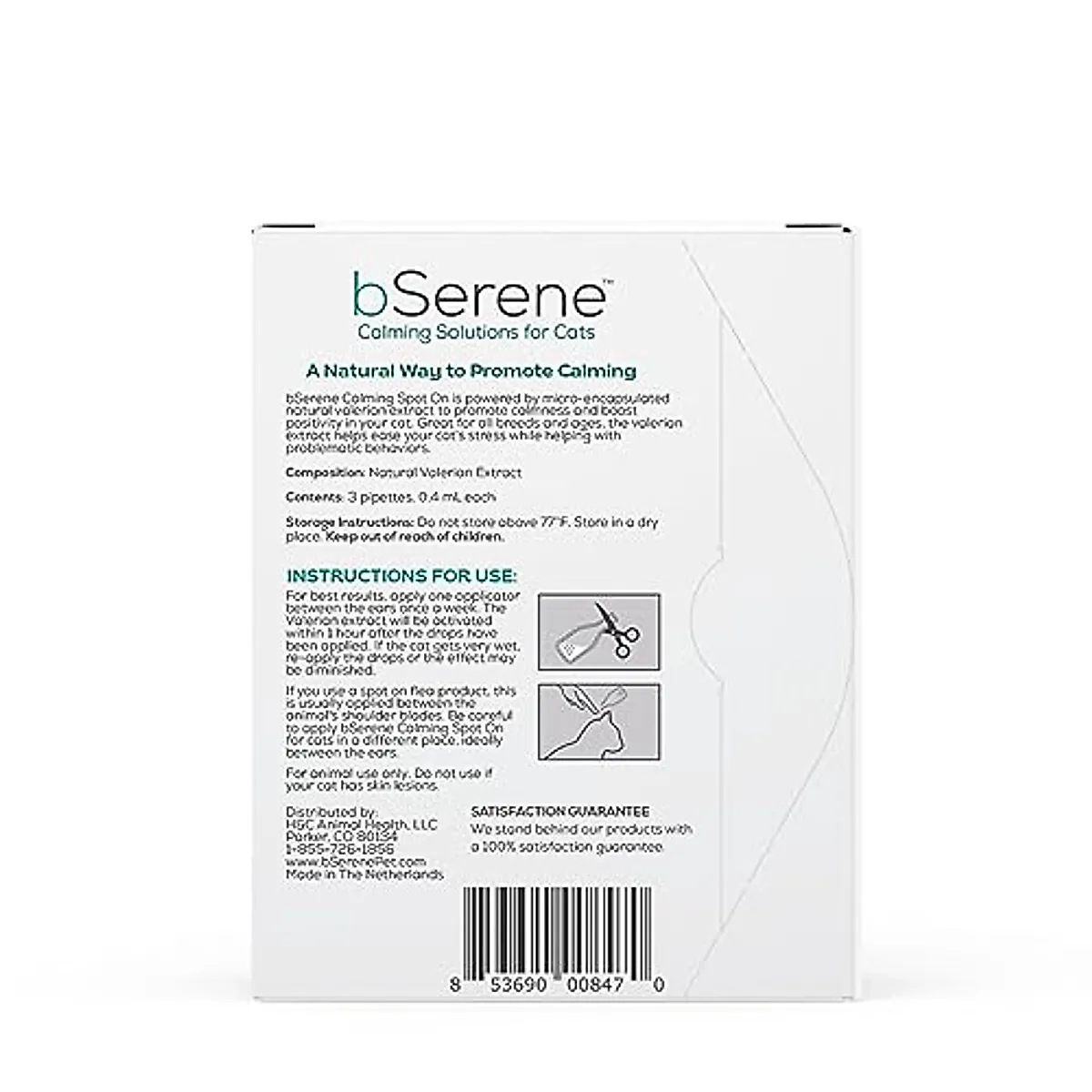 bSerene Valerian Calming Spot On for Cats 3 Applications Convenient Weekly Topical Natural Valerian Extract, Promotes Calmness and Relaxation