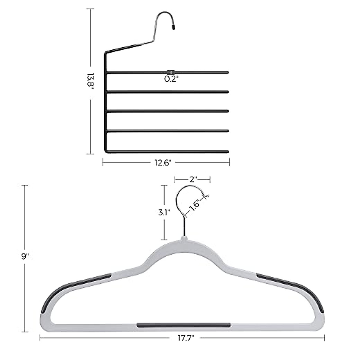 SONGMICS 50-Pack Coat Hangers and 4 Pants Hanger Bundle, Open Pants Organizers, Plastic and Metal Hangers, Multipurpose, Non-Slip, Light and Dark Gray, Black UCRF50G and UCRI034B02