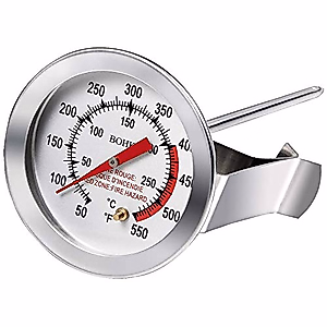 BOHK 8 Inch Meat Temperature with Clip for Cooking Grill Thermometer with Probe Stainless Steel Metal Thermometers for Deep Frying