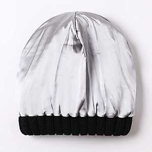 Roniky Womens Winter Hat Cable Knit Silk Satin Lined Beanie for Women Girls Double Faux Fur Pom Pom Ears Black