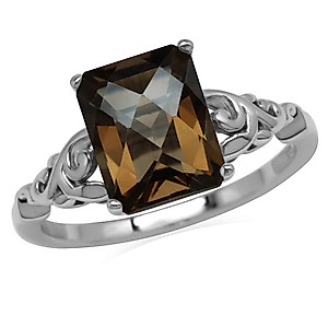 Silvershake 3.13 CTW 10X8mm Natural Octagon Shape Smoky Quartz White Gold Plated 925 Sterling Silver Filigree Leaf Solitaire Gemstone Ring Size 8