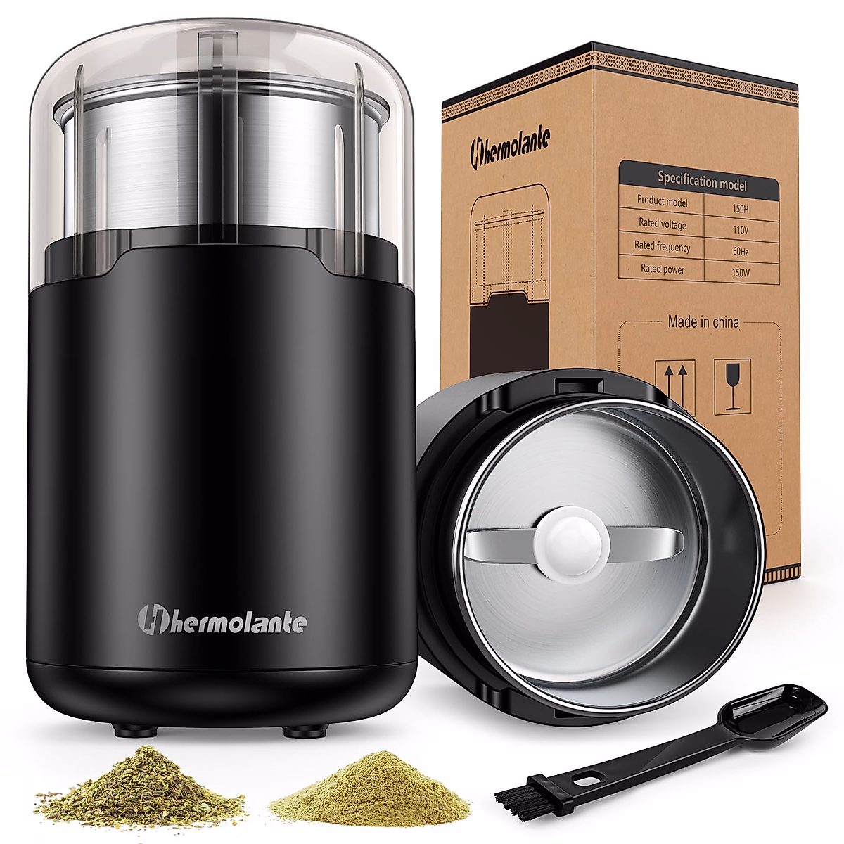 Hermolante Herb Grinder, Spice Grinder, Coffee grinder, 150 w Electric Herb Grinder with Stainless Steel Blade and Cleaning Brush, Compact Size Electric Grinder for Herb Spices Coffee Nuts Seeds,etc.