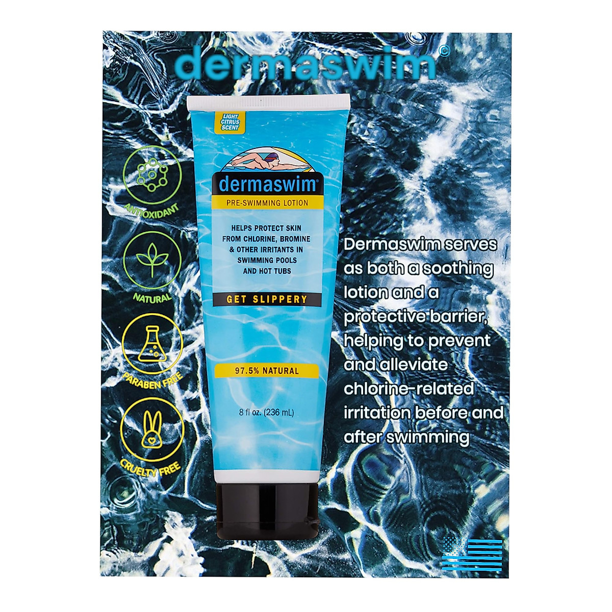DERMASWIM Pre-Swimming Lotion, 8 Fl Oz | Vitamin-Infused, Aloe, Green Tea | Helps Protect Skin from Chlorine in Pools and Hot Tubs, Paraben-Free, 97.5% Natural