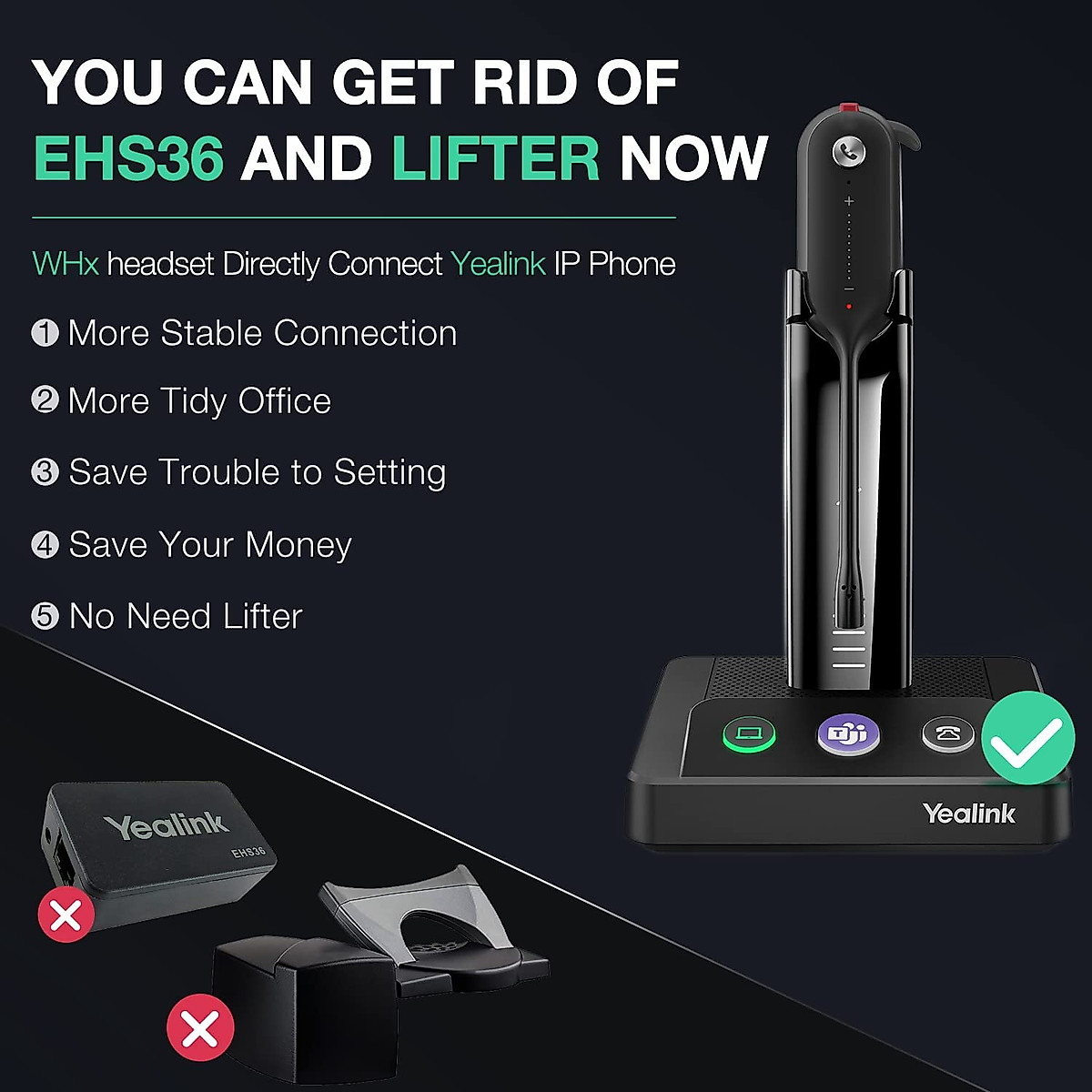 Yealink WH63 Wireless Headset with Microphone for Computer PC Laptop Teams Certified Headset Office IP VoIP Phones Noise Canceling Mic Single Ear Headset with Charge Stand for Unified Communication