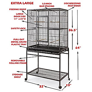 64" Extra Large Wrought Iron Breeding Flight Canary Parakeet Cockatiel Lovebird Finch Cage Side Nesting Doors with Removable Rolling Stand
