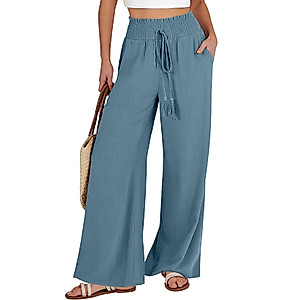 ANRABESS Women's Linen Pants Summer Casual Palazzo Beach Pant Drawstring High Waist Wide Leg Trousers Vacation Outfits Small Lake Blue