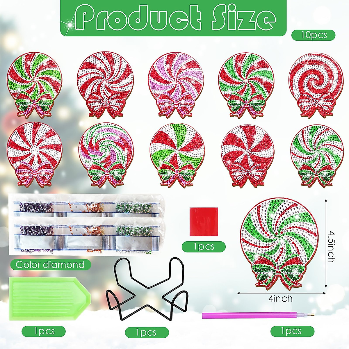 YLOLUL 10 Pcs Christmas Candy Diamond Art Coasters Kits DIY Candy Diamond Art Coasters with Holder for Beginners Adults and Kids Art Craft Supplies Gift