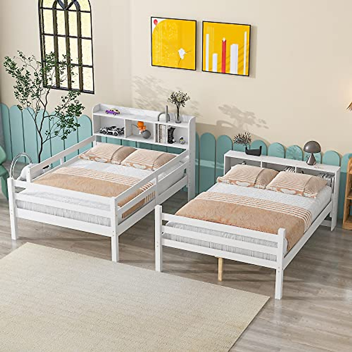 Harper & Bright Designs Full Over Bunk Beds with Bookcase Headboard, Solid Wood Bed Frame Storage, Safety Rail and Ladder, Kids/Teens Bedroom, Can Be converted into 2 Beds, White