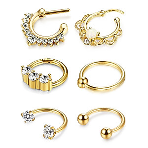 ORAZIO 6PCS 16G 316L Stainless Steel Septum Hoop Nose Ring Horseshoe Rings Cartilage Clicker Piercing Jewelry Gold-Tone