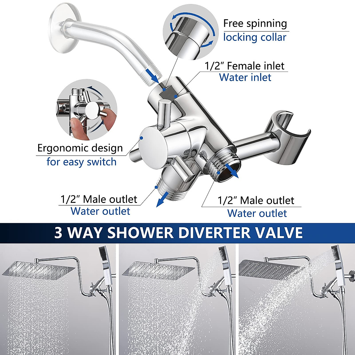 PDPBath All Metal Shower head with Handheld Combo, High Pressure 10" Rainfall Shower Head with Upgrade Adjustable Extension Arm, Shower Wand with 70" Extra Long Shower Hose, 3-Way Diverter-Chrome