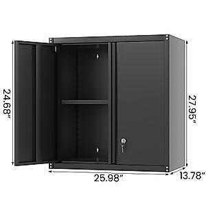 LUCYPAL Metal Wall Cabinet with Adjustable Shelves,Wall Mounted Storage Cabinet with Locking Doors,Steel Garage Cabinet for Basement,Home,Kitchen,Bathroom (Black,27.95" H)