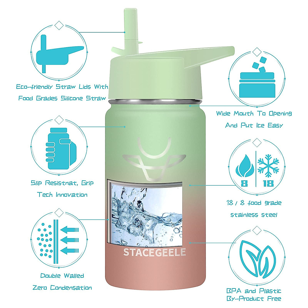 STACEGEELE Insulated Vacuum Water Bottle with Spout Lid & Screw on Top | Stainless Steel Flask For Kids Leak Proof Lightweight Eco Friendly 18oz / 24oz / 32 oz / 40oz (Mint Julep, 12OZ)