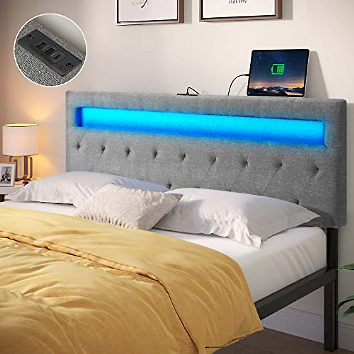 Stylish Gray Headboard with LED & USB Charging