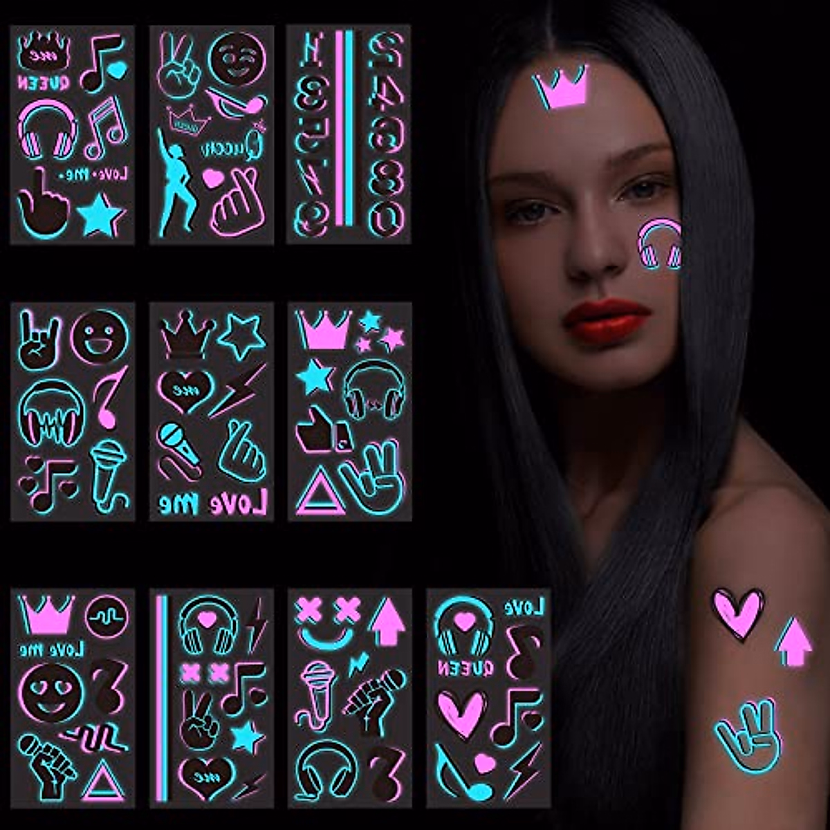 Konsait 10 Sheets Glow In The Dark Tattoos for Kids Adults, Safe and Easy to Use Neon Temporary Music Tattoos, Music Notes UV Blacklight Tattoos, Glow In The Dark Party Makeup Supplies Party Favors