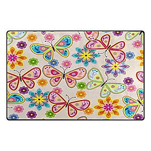 Linomo Area Rug Floral Butterfly Flower Floor Rugs Doormat Living Room Home Decor, Carpets Area Mats for Kids Boys Girls Bedroom 60 x 39 Inches