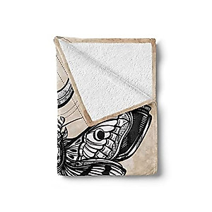Ambesonne Fantasy Throw Blanket, Dead Head Hawk Moth Luna and Stone Magic Skull Illustration, Flannel Fleece Accent Piece Soft Couch Cover for Adults, 50" x 70", Black Beige