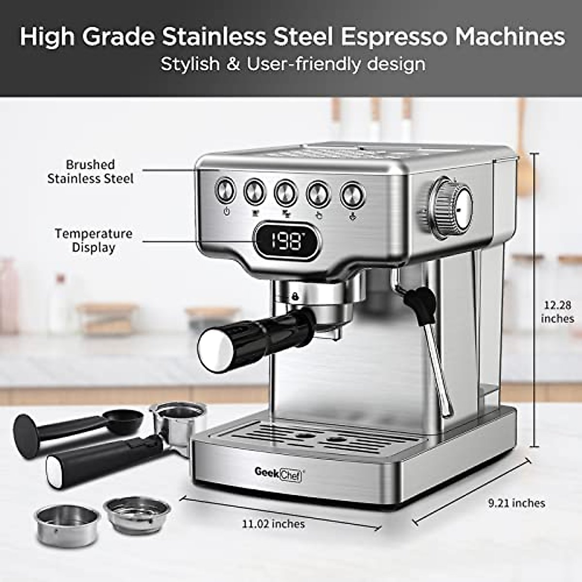 Geek Chef Espresso Machine, 20 Bar Coffee Machine, Fast Heating Automatic, Latte & Cappuccino Maker with Milk Frother Steam Wand, 1.8L Water Tank, Temperature Display, Stainless Steel