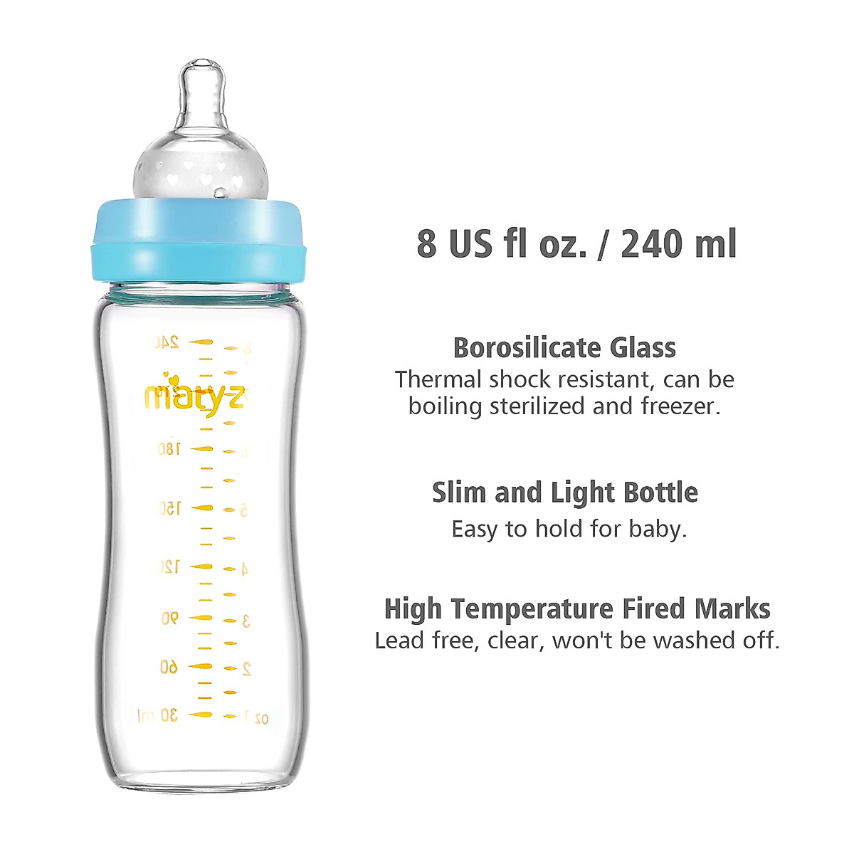 Matyz Glass Breastmilk Baby Feeding Bottle with Nipple, 2 Pack, 8 oz Slim and Light Bottle Easy to Hold, Food Grade Borosilicate Glass, Wide Neck Easy to Clean, BPA Free (Blue Lids)