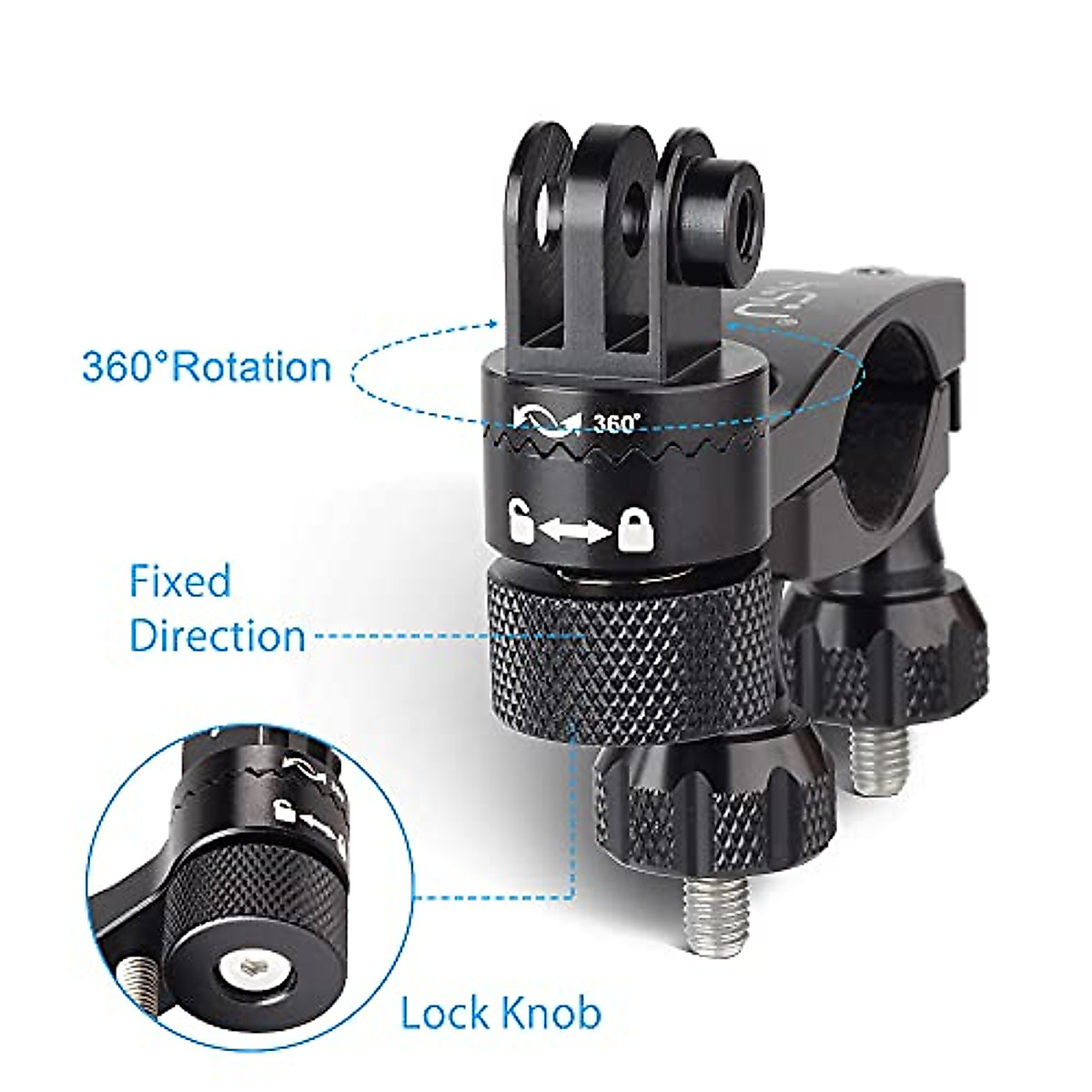 HSU 0.6-1.3inch All-Aluminum Bike/Motorcycle Handlebars, 360° Rotation Seat Post, Ski Pole Mount Compatible with Go Pro Hero 11/10/9/8/7/6/5/4, DJI Osmo Action AKASO and Other Action Cameras (Black)