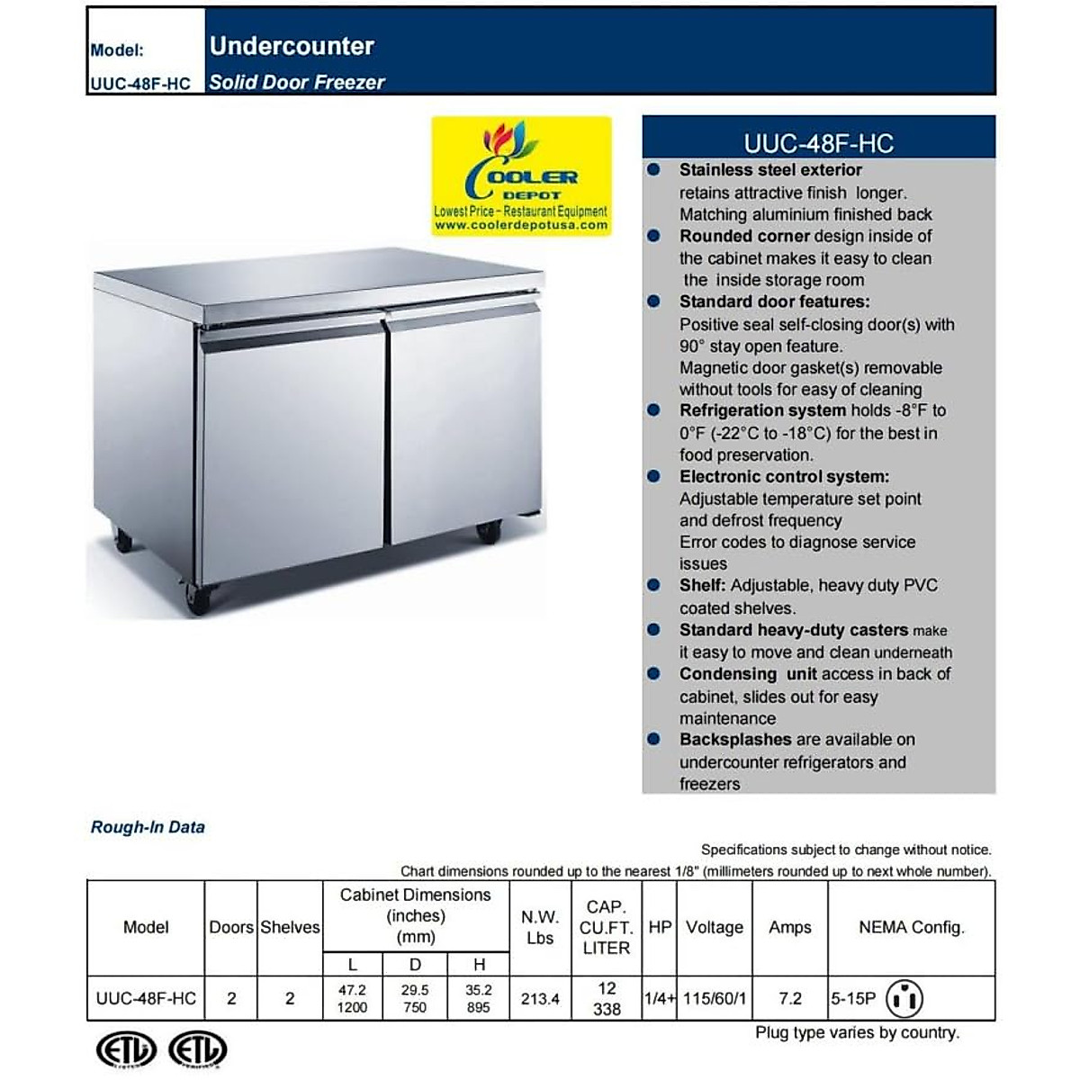 Under Counter Freezer 48" Stainless Steel Commercial Freezer NSF 2 doors 2 shelves, 0°F to -8°F 115V/60HZ Restaurant- TUC48F