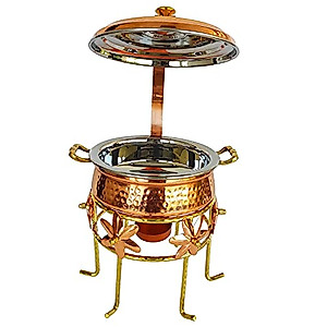 Indian Art Villa Steel Copper Chafing Dish Set of 1 Handi With Lid & 1 Brass Stand, Serveware Item for Dinner Party & Functions, Volume-44 Oz