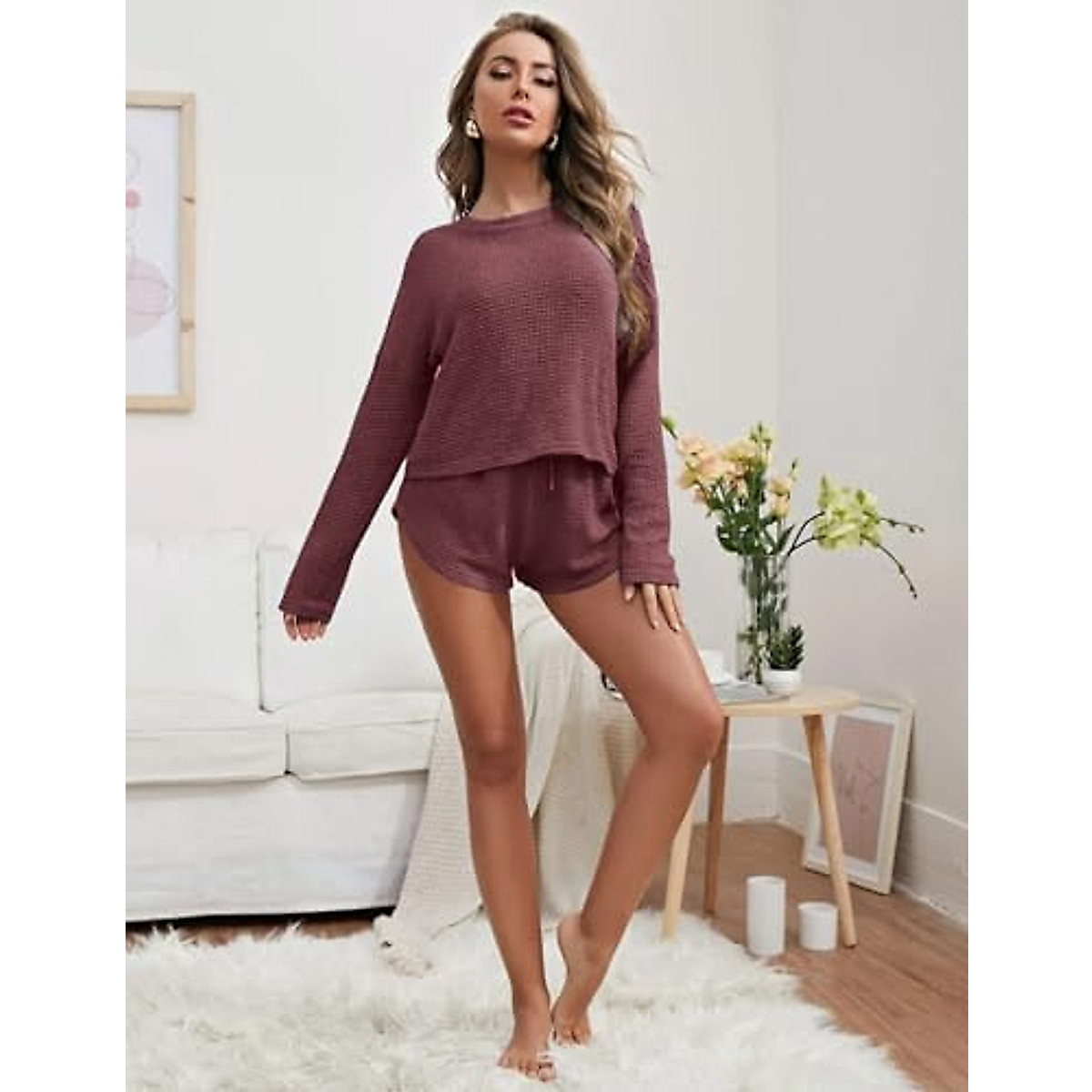 Ekouaer Womens Waffle Knit Pajama Sets Long Sleeve Top and Shorts Matching Lounge Set Sleepwear Loungewear Sweatsuit with Pockets Burgundy Small