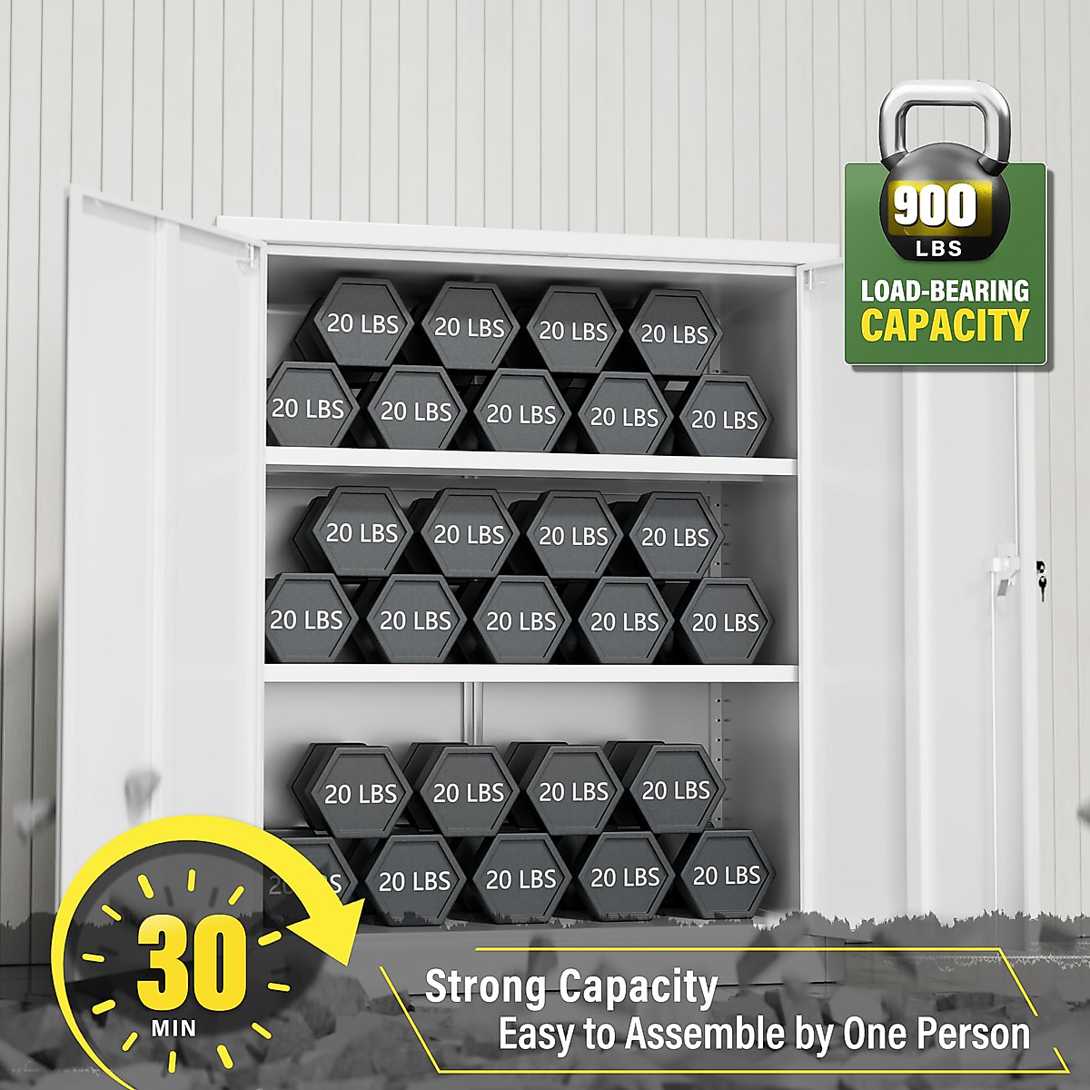 Greenvelly Metal Storage Cabinet, 42” Steel Locking Cabinet with Doors and Shelves,White Utility Cabinet Garage Cabinets, Lockable File Cabinet for Home Office, Garage, Kitchen, Shop