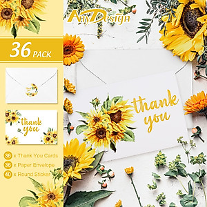 AnyDesign Sunflower Thank You Cards Bulk 36 Pack Thank You Notes with Matching Seal Stickers White Envelopes Watercolor Summer Floral Greeting Cards for Wedding Baby Shower Bridal Birthday Party