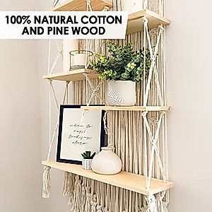 Macrame Wall Hanging Plant Decor Shelf, Tall Ladder Shelf, 5 Tier Indoor Handmade Plant Shelves, Large Boho White Beige Hanging Floating Hand Woven Rope for Bedroom, Bookshelf (60" H x 24" W)