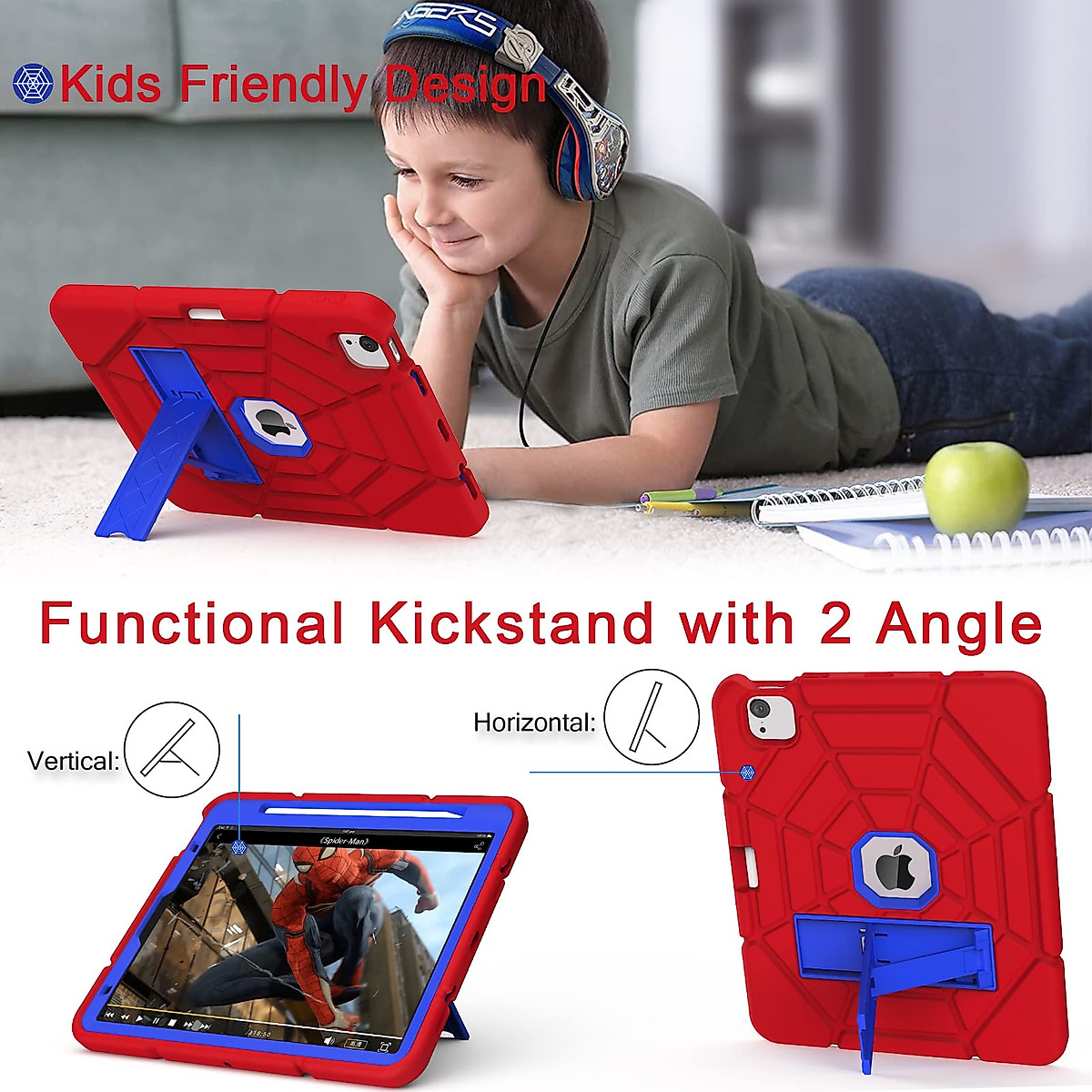 CCMAO Case for iPad Pro 11 Inch 2022/2021/2020/2018, iPad Air 5th/4th Generation 10.9 Inch Case with Pencil Holder, Heavy Duty Shockproof Protective Cover for Kids Boys Children, Red+Blue