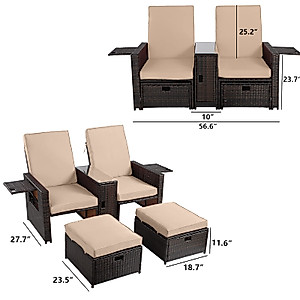 B BAIJIAWEI Patio Wicker Loveseat - Outdoor Rattan Sofa Set with Cushion - Adjustable Lounge Chair with Ottoman Footrest, Wicker Furniture for Garden, Patio, Balcony, Beach, Coffee Bar, Deck