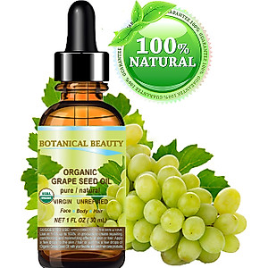 Botanical Beauty Organic GRAPE SEED OIL 100% Pure Natural VIRGIN UNREFINED Cold-Pressed Carrier Oil 1 Fl oz 30 ml for Face, Skin, Body, Hair, Lip, Nails, Massage. Rich in Vitamin E