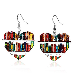 Classic Resin Stack of Books Shelves Drop Dangle Earrings Acrylic Bookcase for Women Creative Librarian Teacher Novel Graduation Jewelry-Heart
