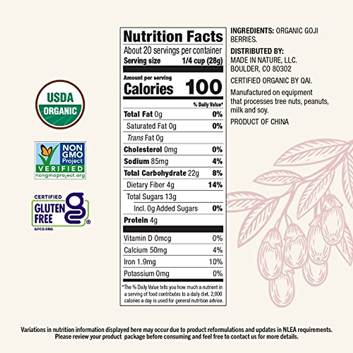 Made in Nature | Organic Sun Dried Goji Berries | Non-GMO, Unsulfured Vegan Snack | 20oz Bag (Pack of 1)