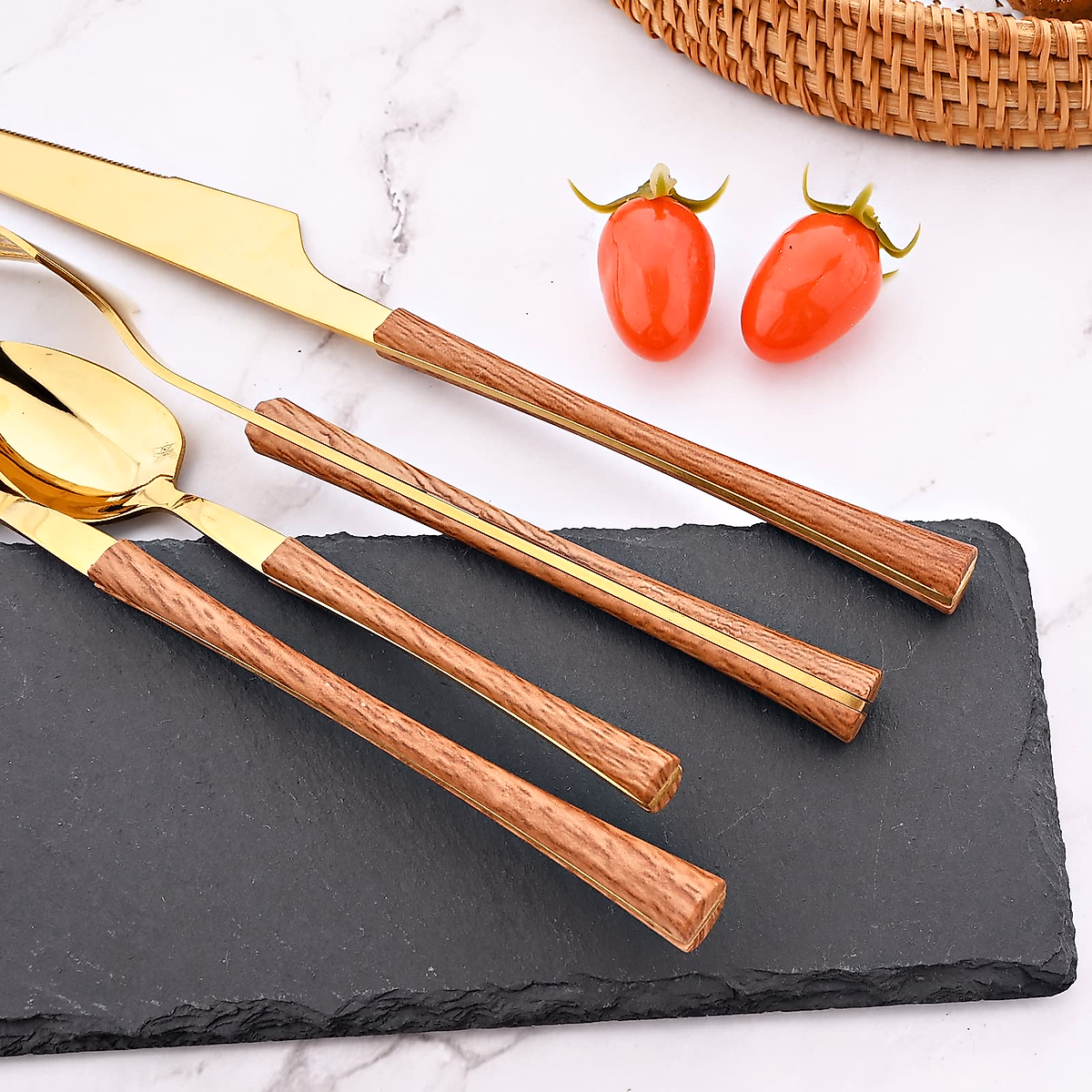 BRIIEC 24-Piece Wood Silverware Flatware Set Stainless Steel Cutlery Service for 6, Including Fork Spoon Knife Tableware, Mirror Polished,Wooden Handle with Gold Mouth