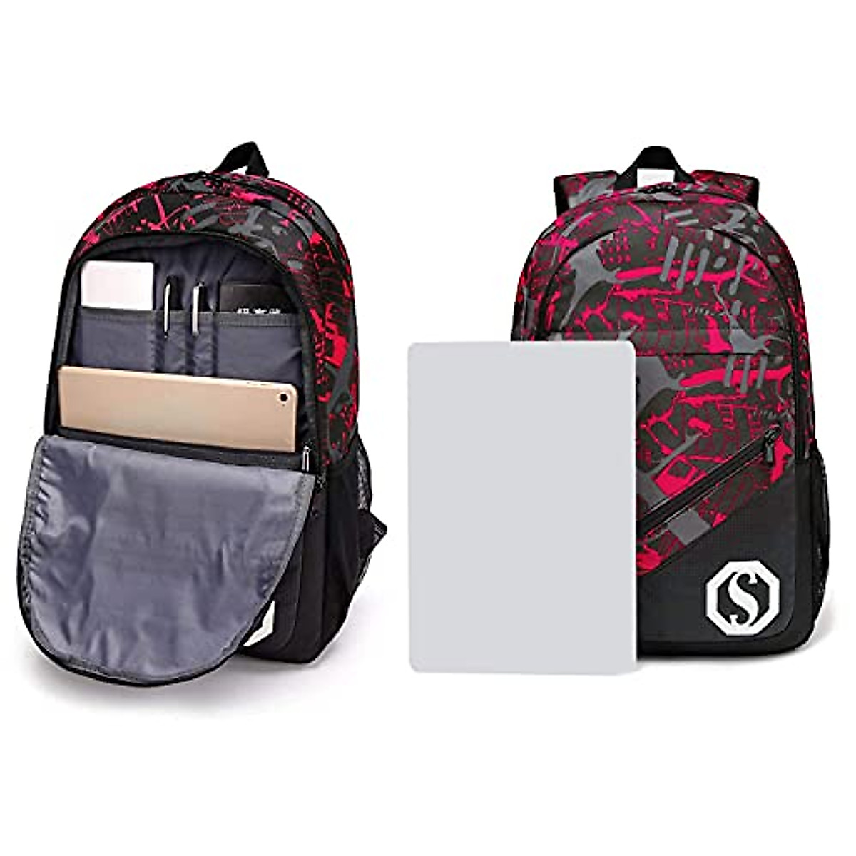 CAMTOP School Backpack Boys Kids School Bookbag Set Student Backpack with Lunch Box and Pencil Case (Graffiti - Red)