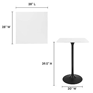 Modway Lippa 28" Square Wood Top Bar Table, White, Black Base
