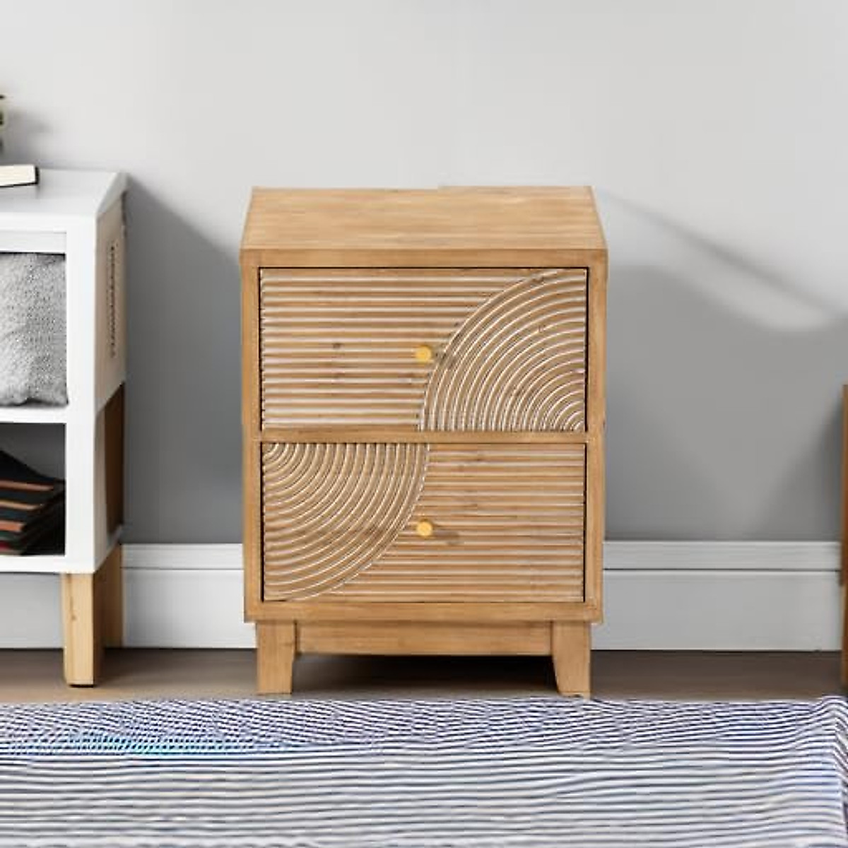 COZAYH 2-Drawer Farmhouse Nightstand, Mid Century Nightstand Fully Assembled with Handcrafted Wood Ring Pattern for Boho, Mid-Century, Rustic Style, Natural Wood