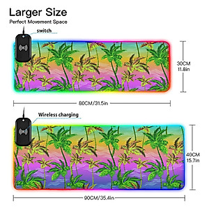 Palm Tree Wireless Charging Mouse Pad for Mobile Phone Extra Large Gaming Mousepad with 13 Lighting Modes Mouse Mat for MacBook PC Laptop Desk Office Home Gaming