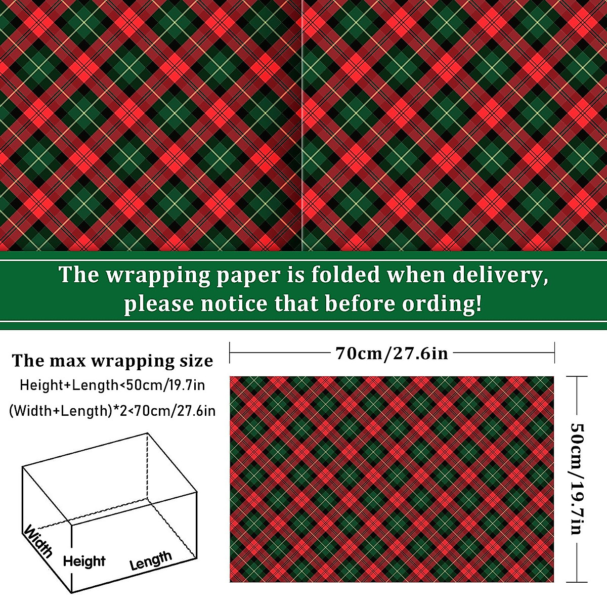 Whaline 12 Sheet Christmas Wrapping Paper Red Black Green Buffalo Plaid Gift Wrap Paper Bulk Folded Flat Classic DIY Craft Paper for Birthday Wedding Party Gift Decor, 19.7 x 27.6 In
