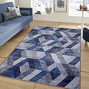 RUGSREAL Washable Rug Geometric Trellis Low-Pile Area Rug Stain Resistant Modern Area Rug Throw Non-Slip Non-Shedding Area Rug for Living Room Bedroom Office, 5' x 7' Blue