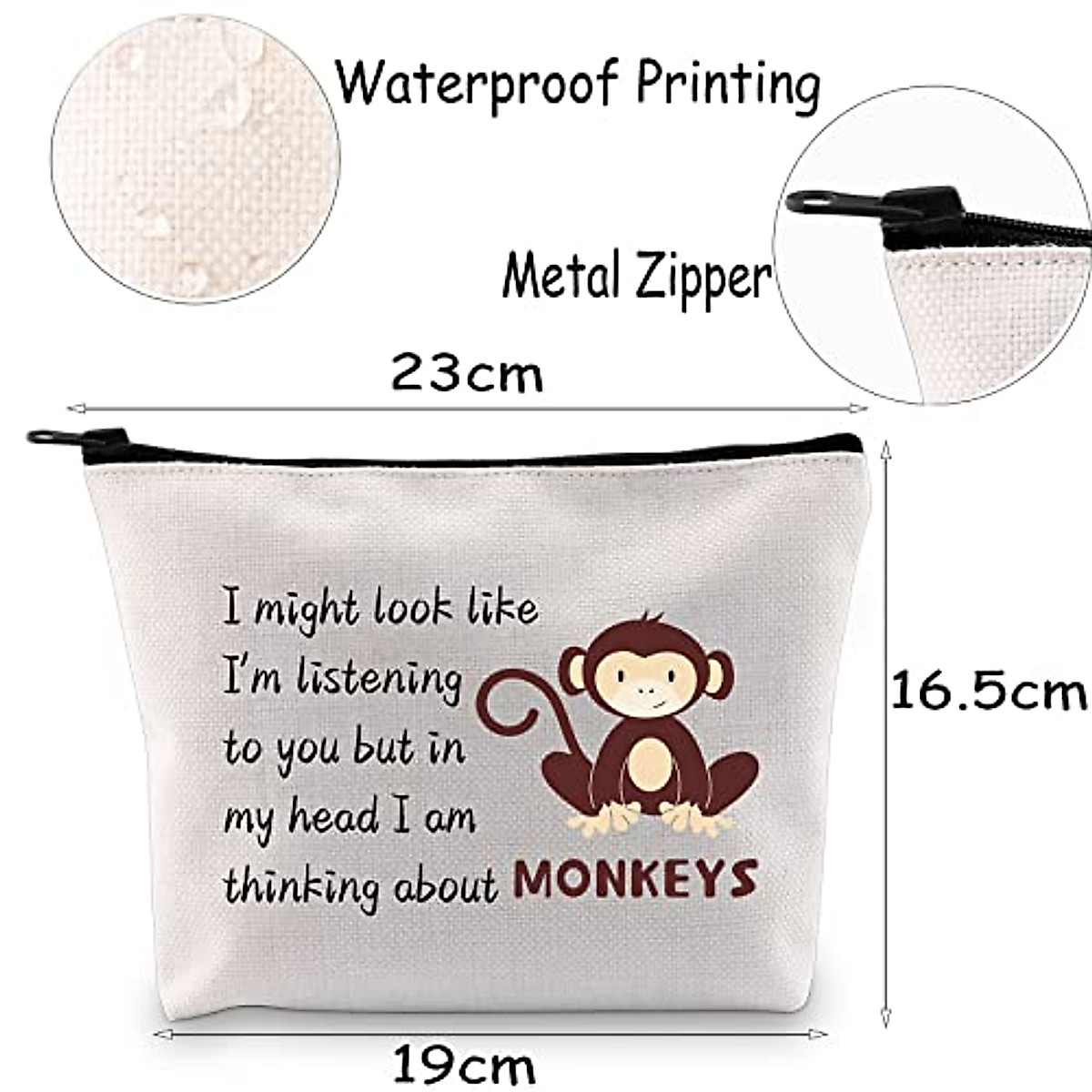 MNIGIU Funny Monkey Cosmetic Bag Monkey Lover Gift I'm Thinking About Monkeys Travel Zipper Pouch Toiletry Bag (think about monkey bag)