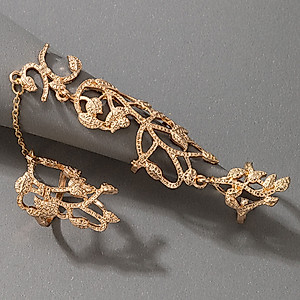 Full Finger Ring for Women Hand Chain Leaf Charm Finger Ring Bracelet with Chain Knuckle Open Long Finger Ring Hand Chains Adjustable Ring Bracelet Hand Chain Jewelry(Gold）