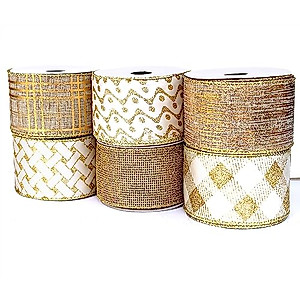 Gold Ribbon Wired Christmas Tree Ribbon 2.5 Inch Xmas Ribbons 6 Rolls 36 Yards Burlap Organza Sheer Mesh Metallic Glitter Crafts Decorating Gift Wrapping Bows Gift Wrap Bow Tree Topper Wreath